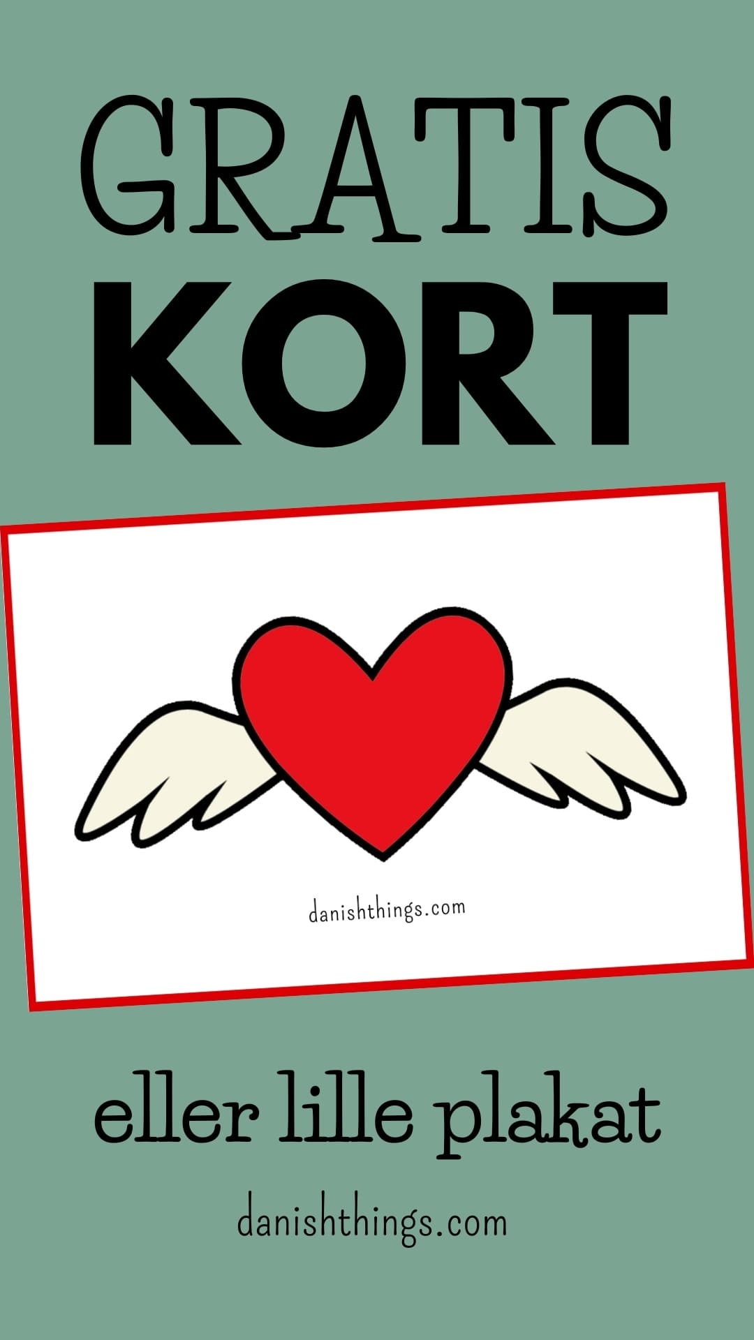 Gratis kort eller lille plakat - rødt hjerte med vinger - Danish Things