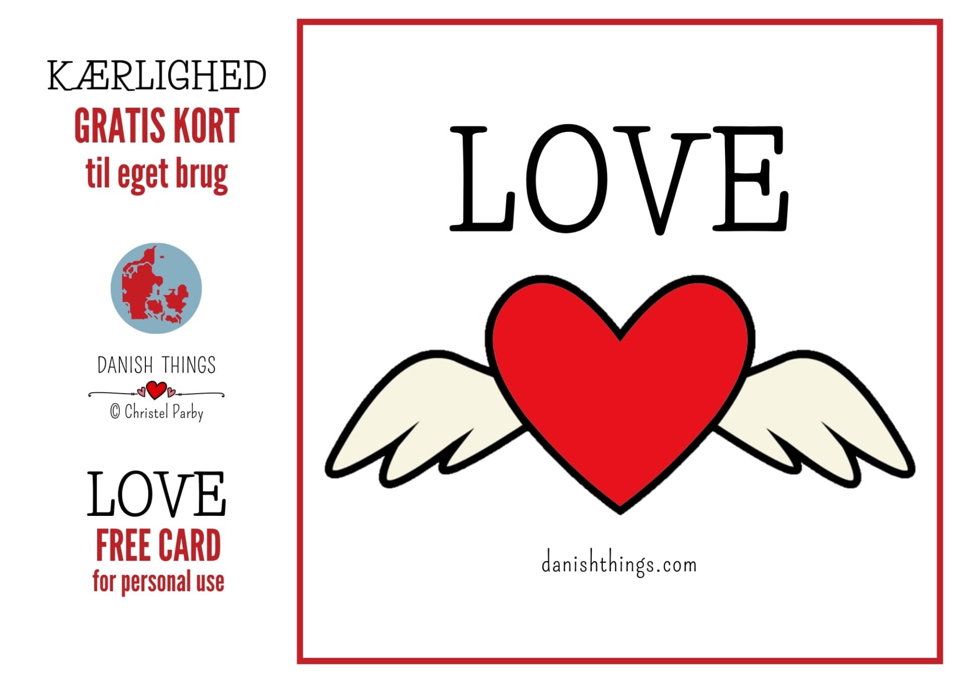Gratis kort eller lille plakat - rødt hjerte med vinger - Danish Things